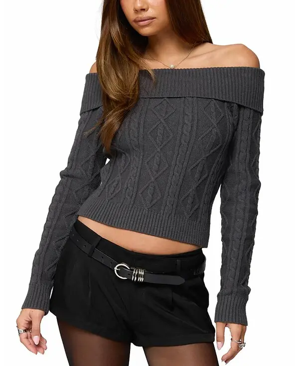 EDIKTED Leta Off-the-shoulder Cable-knit Sweater