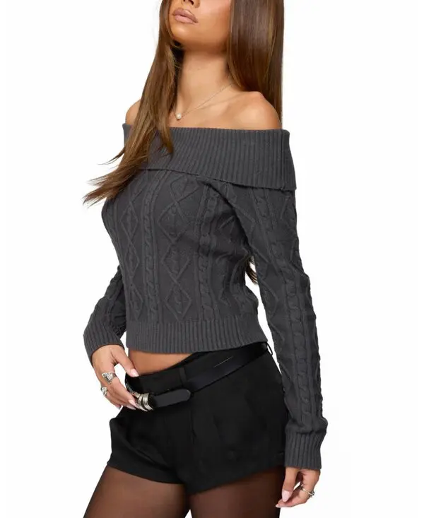 EDIKTED Leta Off-the-shoulder Cable-knit Sweater