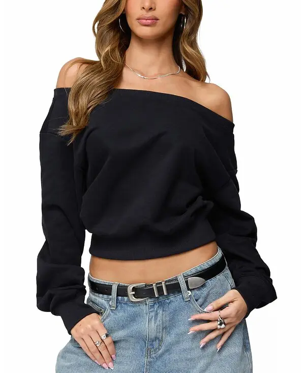 EDIKTED Off Shoulder Sweatshirt - Black