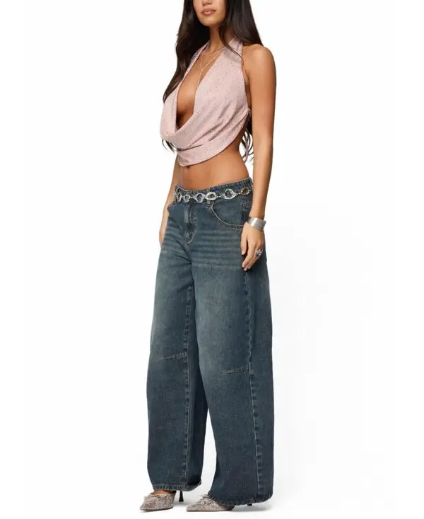 EDIKTED Studded Backless Cowl Neck Top - Light-pink