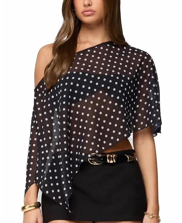 EDIKTED Sheer Chiffon Asymmetric Polka Dot Poncho