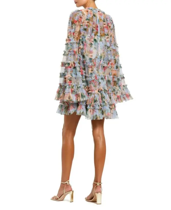 Mac Duggal Printed Mesh Ruffle Mini Dress - Blue Multi