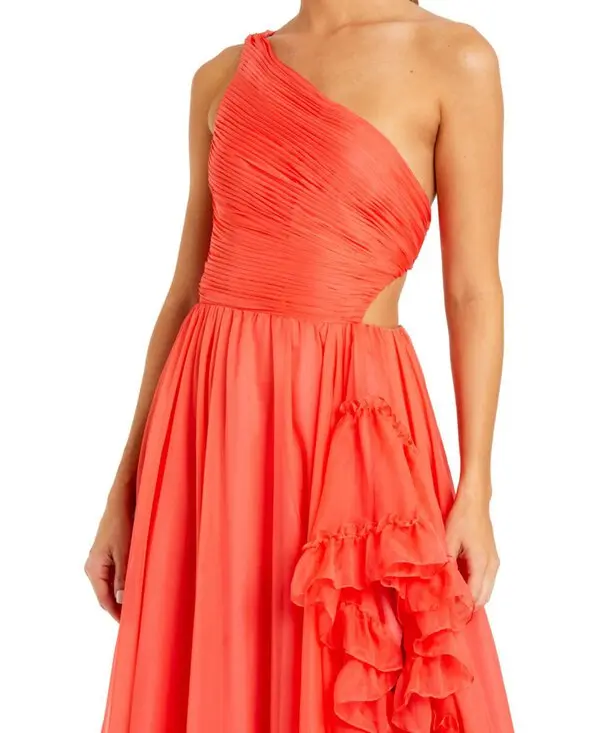 Mac Duggal One Shoulder Asymmetrical Ruffle Gown
