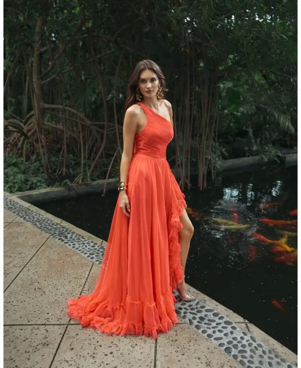 Mac Duggal One Shoulder Asymmetrical Ruffle Gown