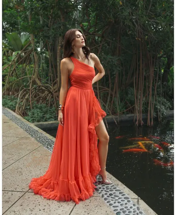 Mac Duggal One Shoulder Asymmetrical Ruffle Gown