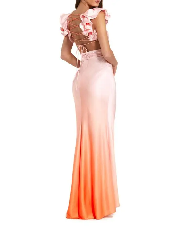 Mac Duggal Charmeuse Ruffle Strap Crossover Ombre Gown