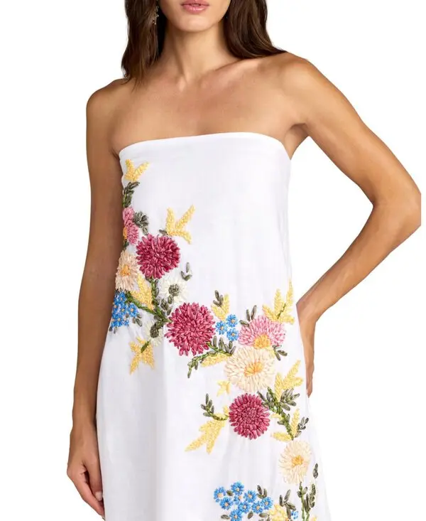 Mac Duggal Strapless Floral Embroidered Linen Gown