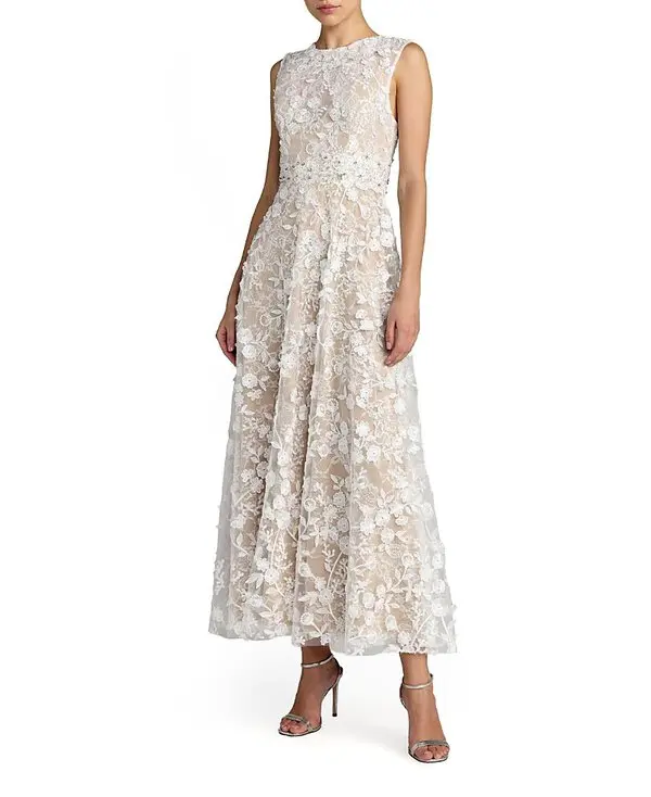 Mac Duggal Floral Embroidered High Neck Midi Dress - Ivory Nude