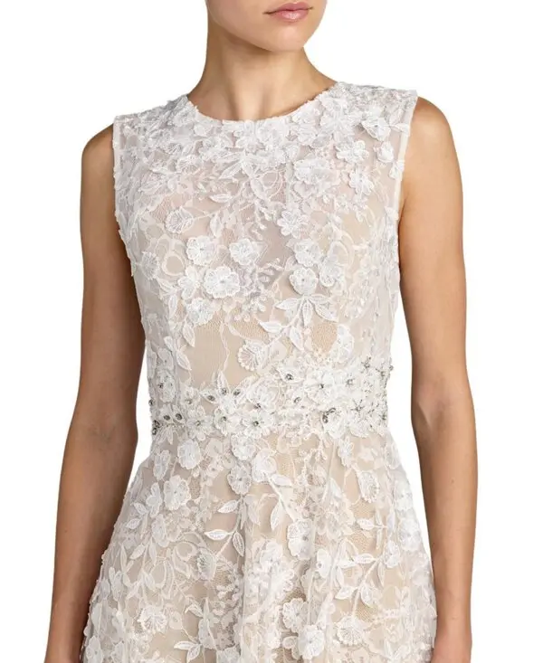 Mac Duggal Floral Embroidered High Neck Midi Dress - Ivory Nude
