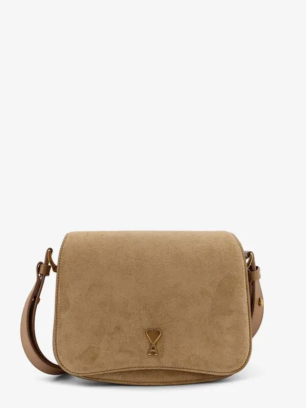 Ami Suede Shoulder Bag With Metal Logo On The Front - Beige