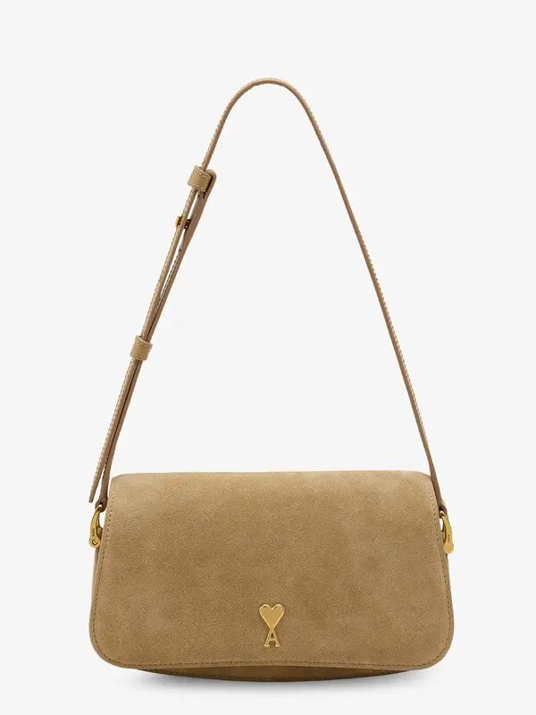 Ami Suede Shoulder Bag With Logo On The Front - Beige