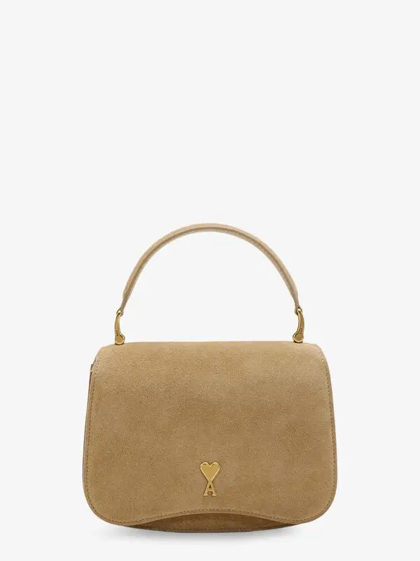 Ami Suede Crossbody Bag With Metal Logo On The Front - Beige