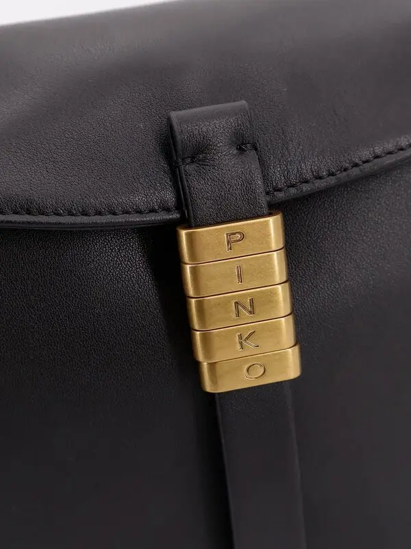 Pinko Leather Shoulder Bag With Metal Logo - Black