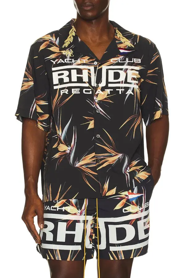 Rhude Regatta Club Hawaiian Shirt In Black - Multi, Yellow, & White