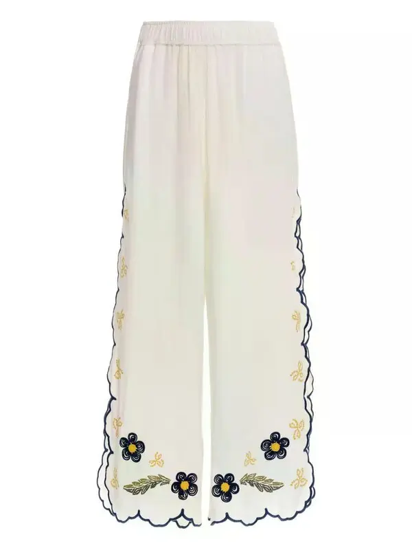 Agua Bendita Floral Embroidered Scalloped Trousers - White