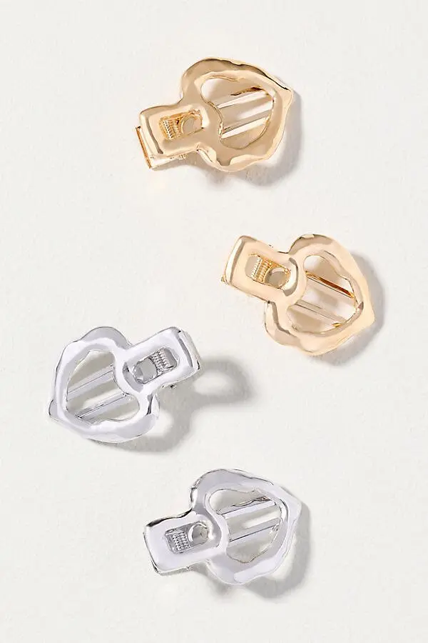 Anthropologie Set Of 4 Metal Heart Shaped Hair Clips - Gold & Silver