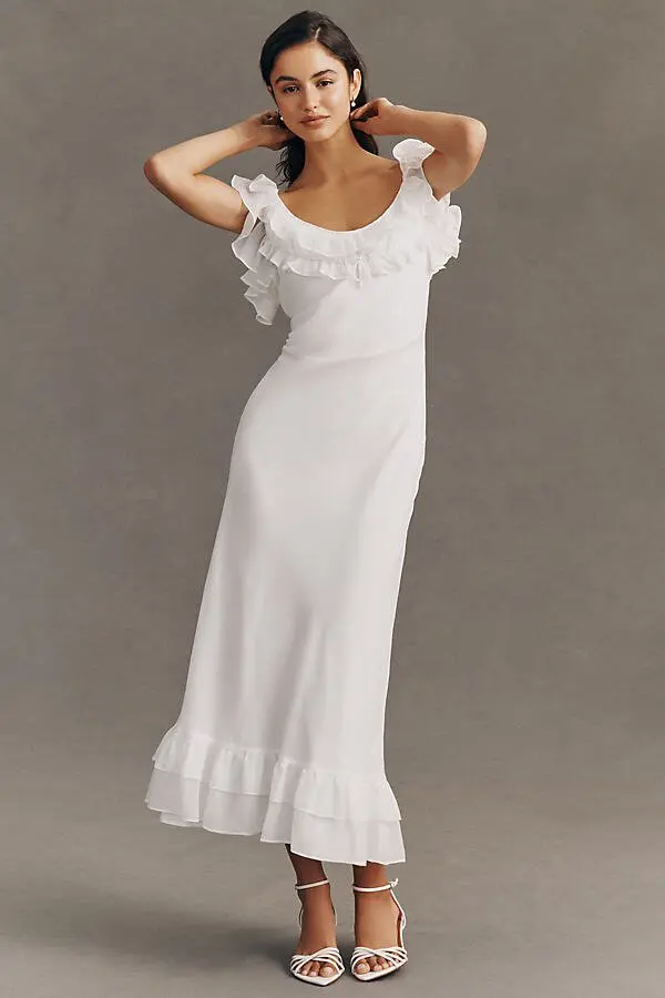 Bhldn Chiffon Ruffle-back A-line Maxi Dress - White Dahlia