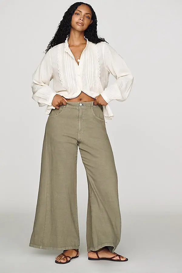 PILCRO Adi Linen Blend Mid-rise Flare Pants - Mermaid