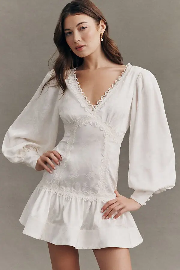 Bhldn Satin & Lace Long-sleeve Mini Dress - White Dahlia