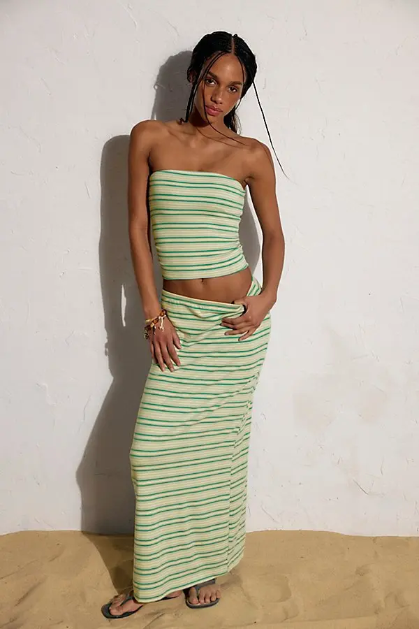 Free People Striped Tube Top And Maxi Skirt Set - Lime Combo