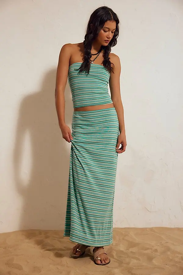 Free People Striped Tube Top And Maxi Skirt Set - Teal Combo