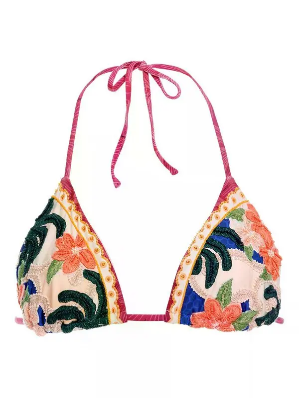 Agua Bendita Lolita Beaded-floral Bikini Top - Neutrals