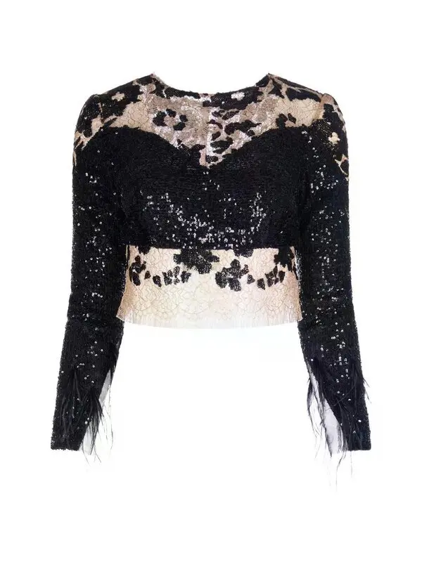 IMROSKA Sequin-embellished Lace Blouse With Feather Trims