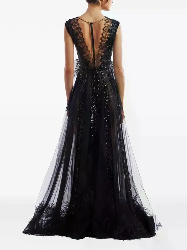 IMROSKA Lace Feather-trim Maxi Dress