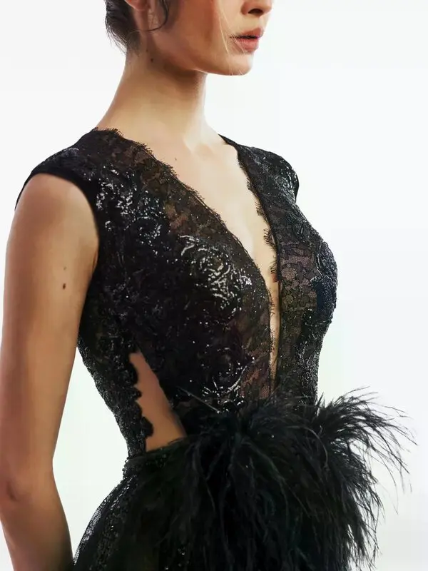 IMROSKA Lace Feather-trim Maxi Dress
