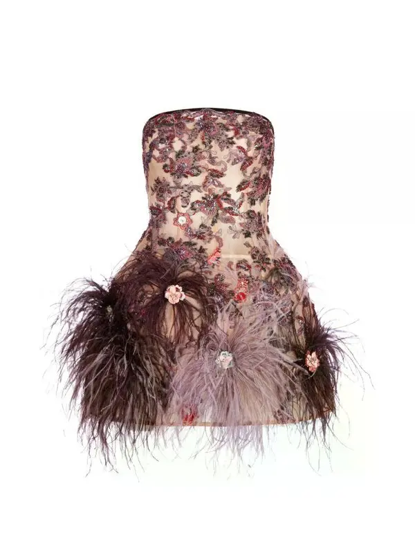 IMROSKA Embellished Feather-trim Mini Dress - Neutrals
