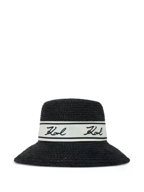 Karl Lagerfeld Signature Raffia Wide Brim Hat - Black