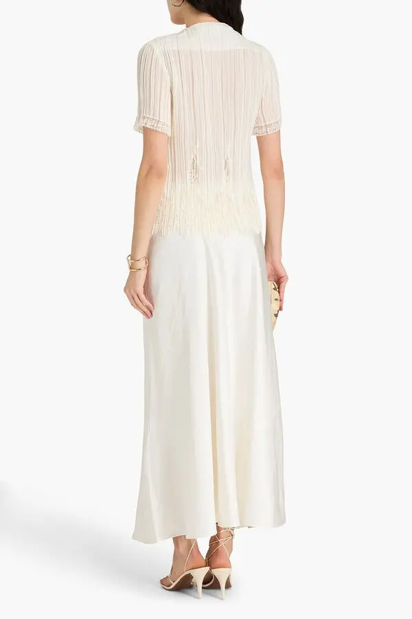 Zimmermann Plissé Crepe De Chine And Lace Top - Cream