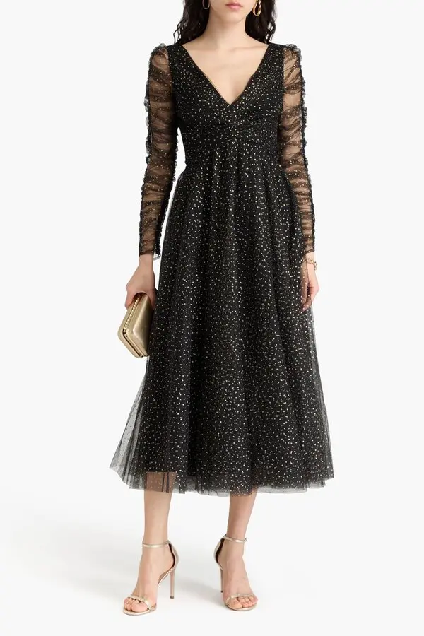Zimmermann Ruched Glittered Tulle Midi Dress - Black