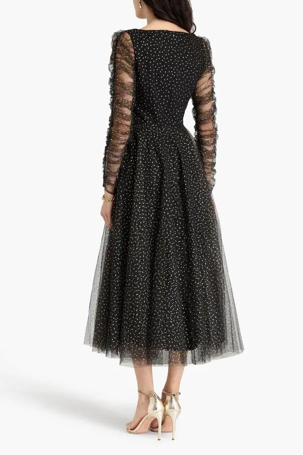 Zimmermann Ruched Glittered Tulle Midi Dress - Black