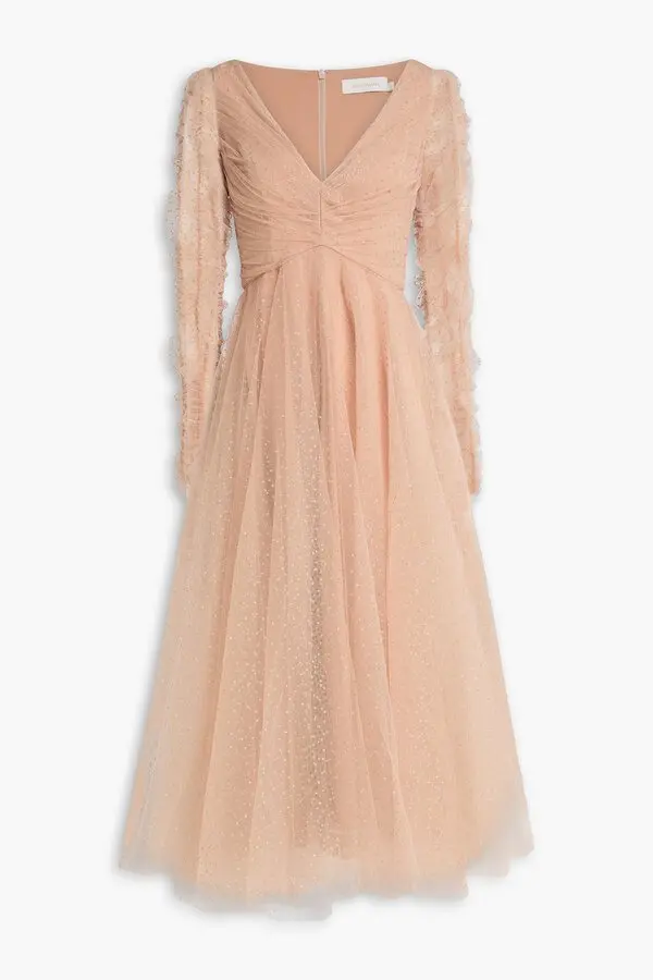 Zimmermann Ruched Glittered Tulle Midi Dress