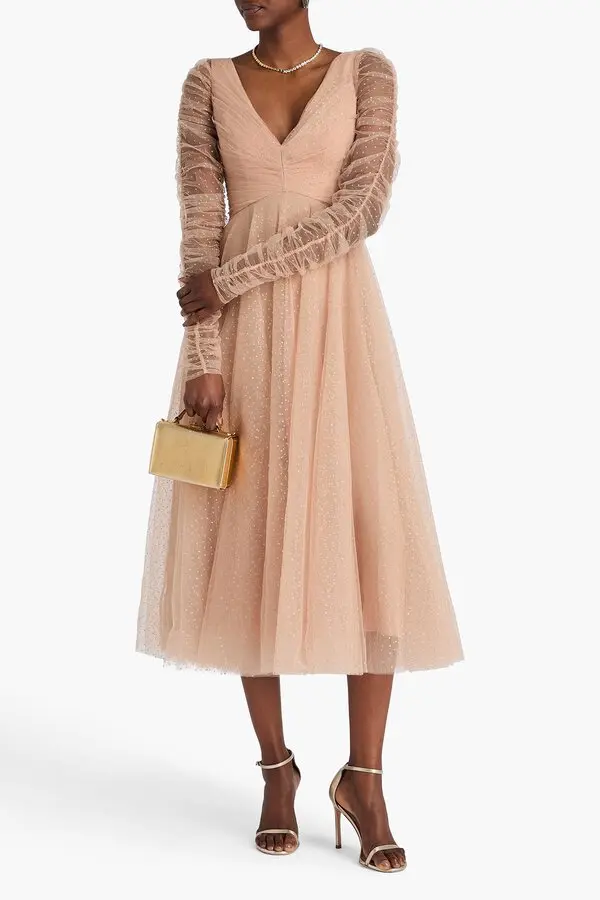 Zimmermann Ruched Glittered Tulle Midi Dress