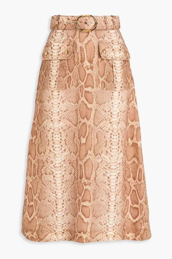 Zimmermann Belted Snakeprint Linen Midi Skirt