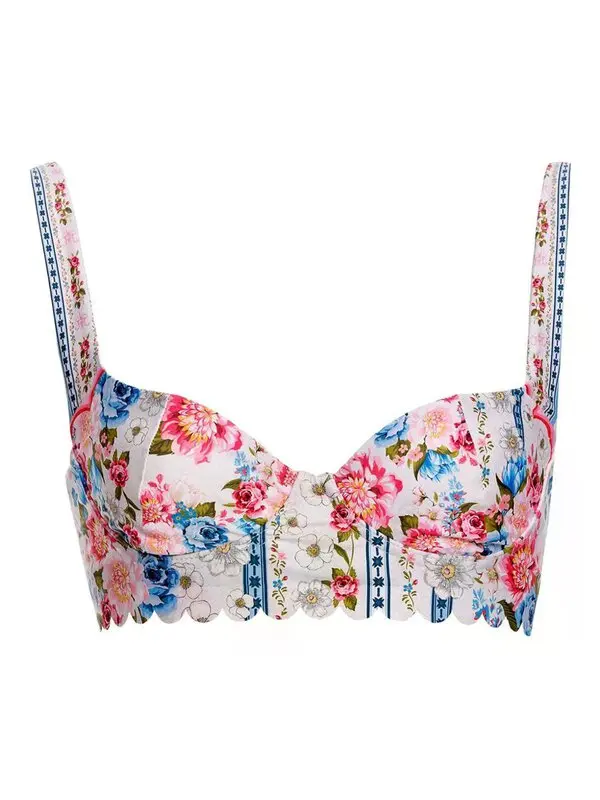 Agua Bendita Floral-print Scalloped-edge Bikini Top - White