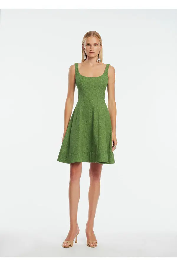 Lela Rose Stretch Denim Seamed Dress - Green / Yellow