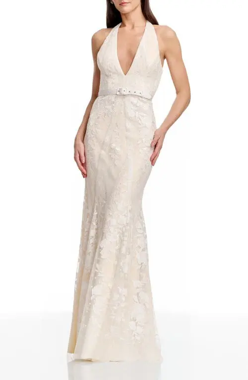 Dress The Population Devin Embroidered Lace Halter Gown - Off White