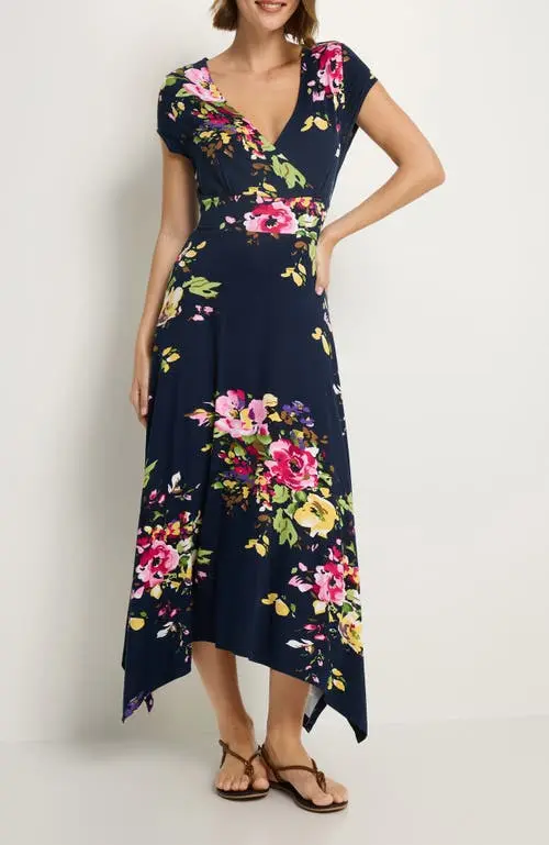 LASCANA Paisley Print Crossover V-neck Cap Sleeve Handkerchief Hem Dress - Navy Printed