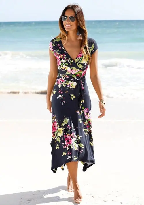 LASCANA Paisley Print Crossover V-neck Cap Sleeve Handkerchief Hem Dress - Navy Printed