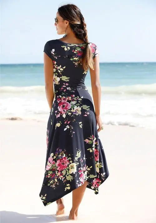 LASCANA Paisley Print Crossover V-neck Cap Sleeve Handkerchief Hem Dress - Navy Printed