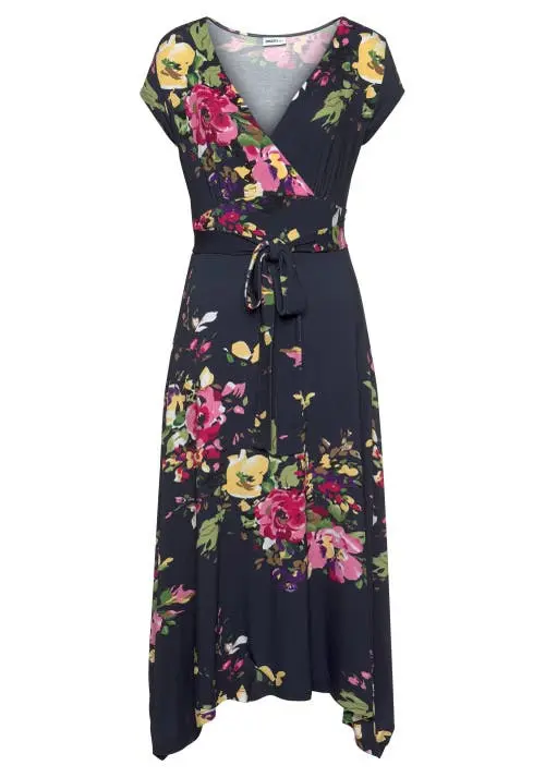 LASCANA Paisley Print Crossover V-neck Cap Sleeve Handkerchief Hem Dress - Navy Printed