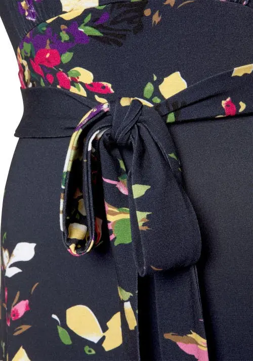 LASCANA Paisley Print Crossover V-neck Cap Sleeve Handkerchief Hem Dress - Navy Printed