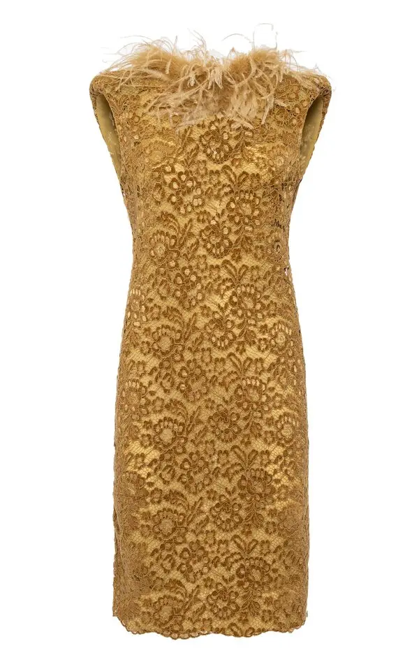 DES_PHEMMES Feather-trimmed Lace Midi Dress - Olive
