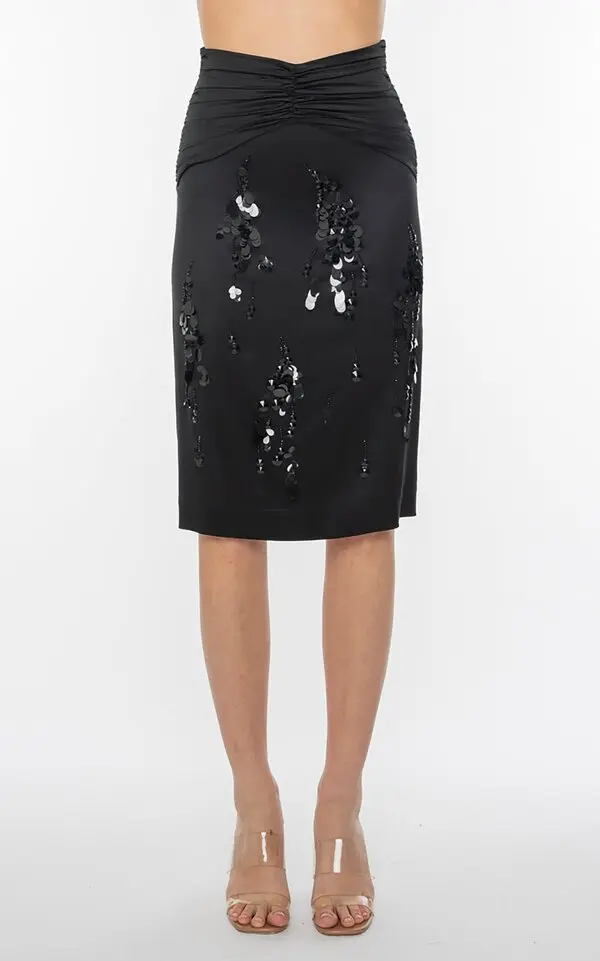 DES_PHEMMES Embellished Ruched Midi Skirt - Black