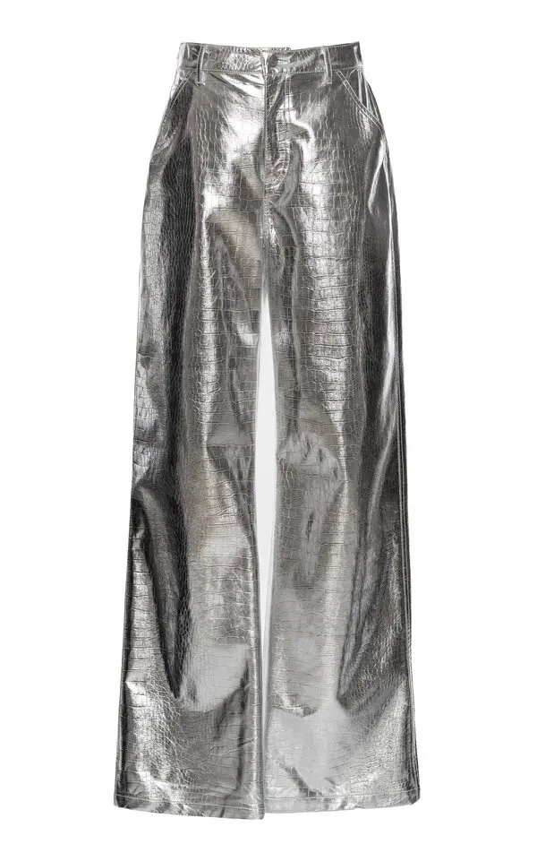 DES_PHEMMES Croc-embossed Wide-leg Trousers - Silver