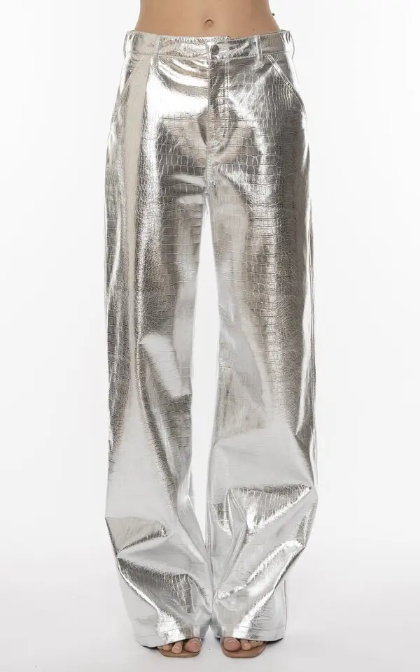 DES_PHEMMES Croc-embossed Wide-leg Trousers - Silver