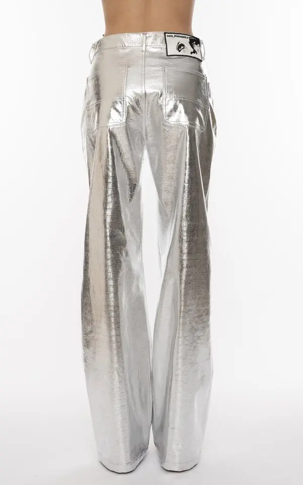 DES_PHEMMES Croc-embossed Wide-leg Trousers - Silver
